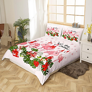 Merry Christmas Bedding Set Queen Size,Pink Flamingo Cartoon Bird Animal Duvet Cover Set for Children Adult,Winter Snowflake Green Leaves Soft Comforter Cover for Dorm Room, Zipper, Ties