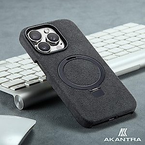 AKANTRA Alcantara Case for Apple iPhone 15 Pro Max, Handmade Half-Wrapped Synthetic Suede Cover, Magnetic Holder Ring Compatible with Magsafe Wireless Charging (iPhone15 Pro Max, Black)