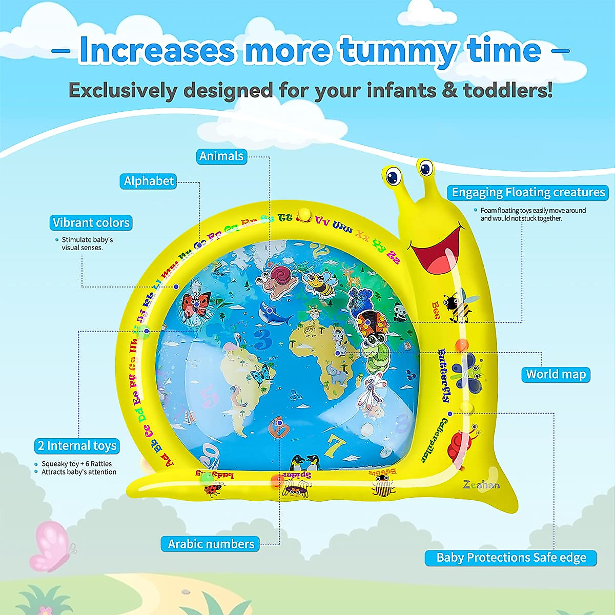Zeahan Inflatable Tummy Time Mat for 3 to 24 Months Baby, Fun Baby Water Mat Infant Toy for Newborn Girls Boys, Cute Snail Shape, 30" 34"