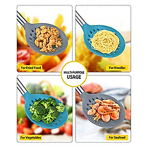 Kitchen Ladle Strainer Set of 2 Large Slotted Spoon with High Heat Resistant BPA Free Non Stick Cooking Skimmers For Draining & Frying (Grey and Teal Blue)