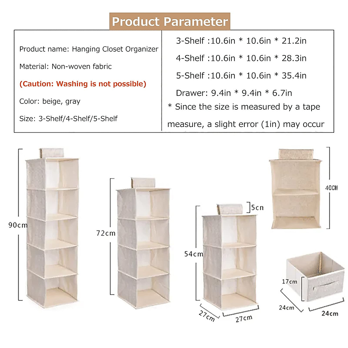 Hanging Closet Organizer with Drawer,Easy Mount Foldable 3-Shelf Closet Hanging Storage Shelves for Clothes Handbag Shoes Accessories Storage,Space Saver,Gray