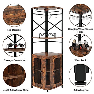 Osfvolr Bar Cabinet w/Wine Rack and Glass Holder, Corner Cabinet with Mesh Door, Corner Bar Cabinet with Adjustable Shelf, Liquor Cabinet Bar for Home, Rustic Brown