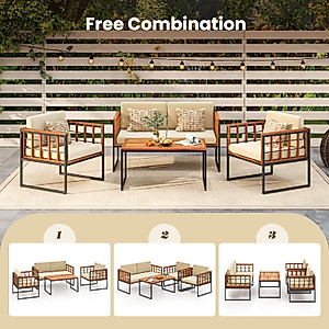 Tangkula Acacia Wood Outdoor Sofa Set, 4 Pieces Outdoor Furniture Set with Heavy Duty Metal Frame, Soft Seat & Back Cushions, for Balcony, Porch, Backyard or Poolside (1, Beige)