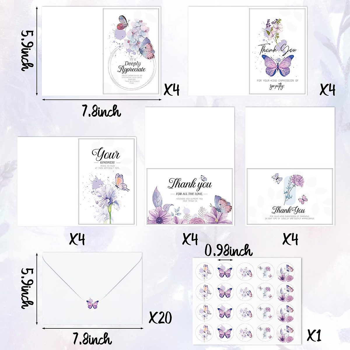 WATINC 60pcs Funeral Thank You Cards with Envelopes and Stickers, Purple Butterfly Bereavement Card Express Your Condolences, Memorial Sympathy Cards with Message Inside for Beloved Friends Family