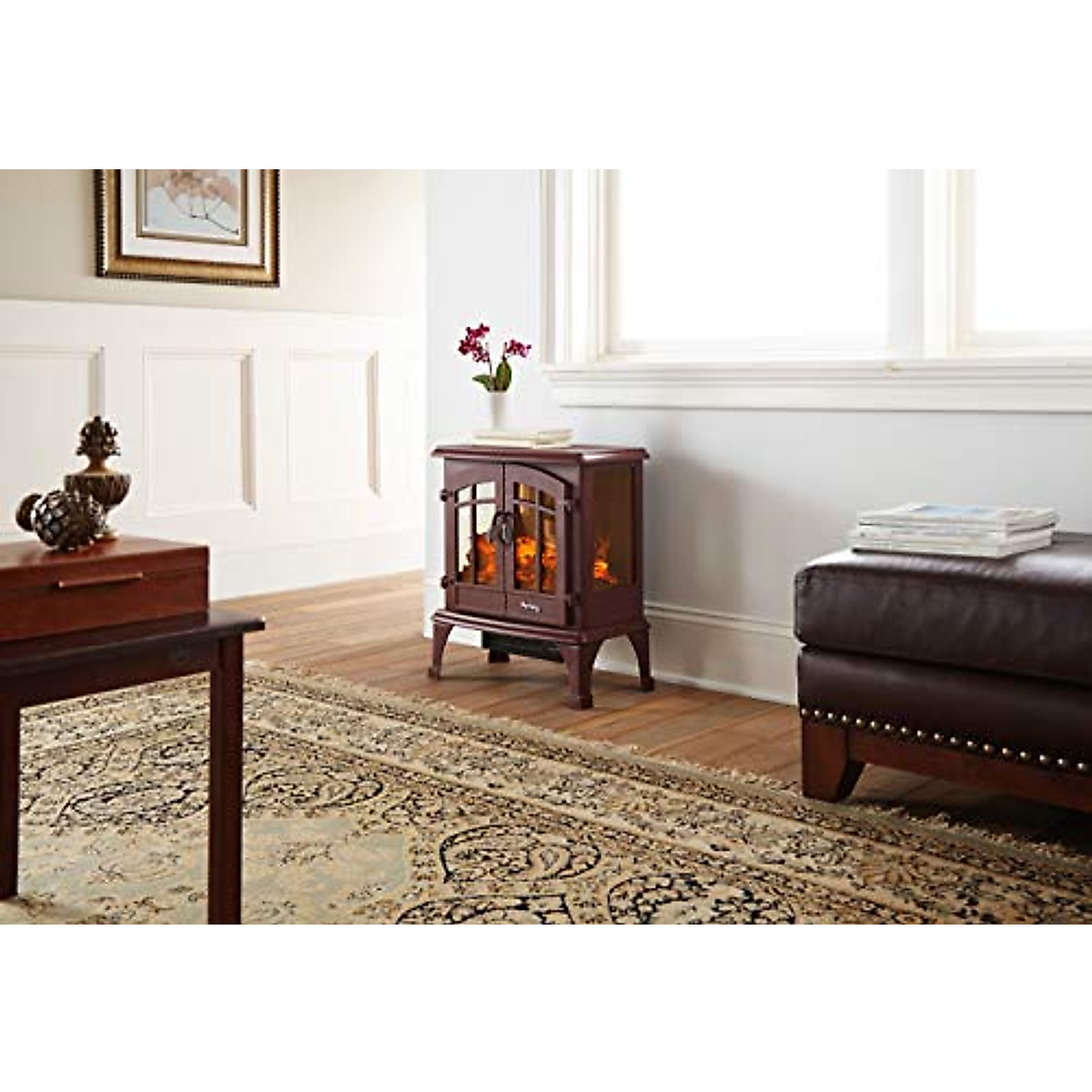 e-Flame USA Jasper Freestanding Electric Fireplace Stove Heater - Realistic 3-D Log and Fire Effect (Red)