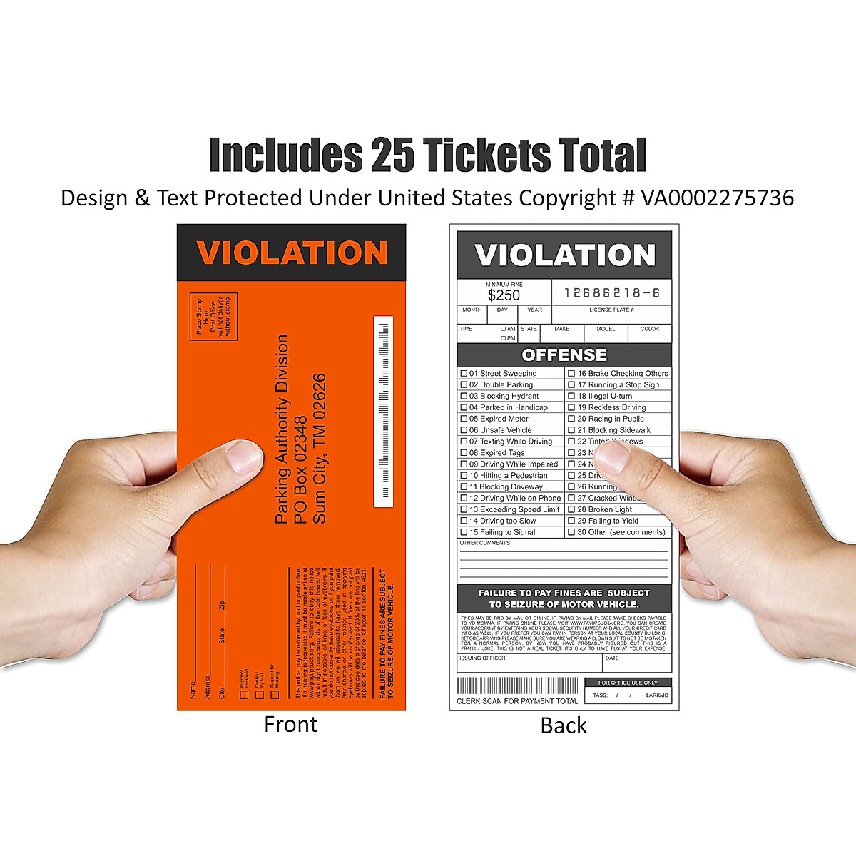 Fake Parking Tickets Prank - Qty 25, Joke Violation Parking, Funny Gag Pretend Police Traffic and Safety Car Citations, Kid Friendly