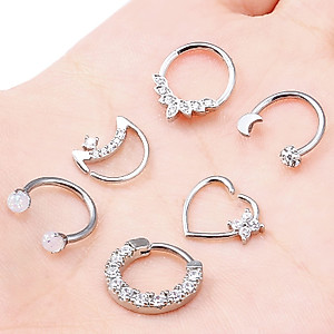 Ftovosyo Left Ear Daith Earrings 16G Heart Moon Daith Piercing Jewelry for Women Stainless Steel Cartilage Forward Helix Tragus Piercing Jewelry Plated CZ Hinged Septum Clicker Rings