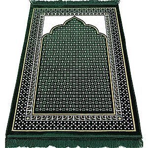 Modefa Turkish Islamic Prayer Rug - Thin & Lightweight Velvet Praying Carpet - Soft Muslim Praying Mat Janamaz - Ramadan or Eid Gift for Men & Women - with Car Hanger - Dancing Rose Vine (Green)