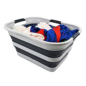 SAMMART 30L(8 gallon) Collapsible Plastic Laundry Basket - Foldable Pop Up Storage Container/Organizer - Space Saving Hamper/Basket - Water Capacity 24L(6.3 gallon) (1, Grey/Slate Grey)