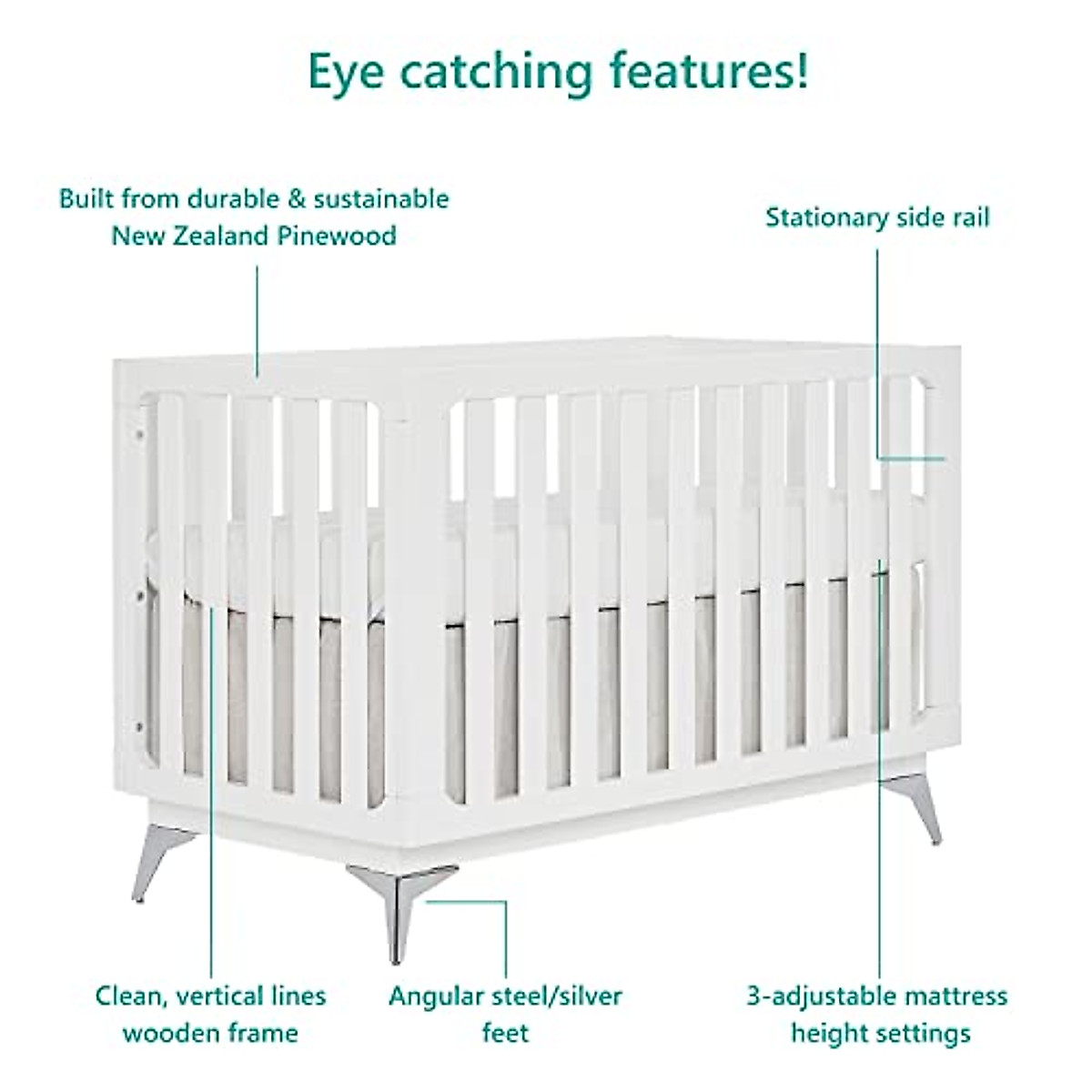 Dream On Me Ultra Modern 4-in-1 Convertible Crib in White, Greenguard Gold Certified, 3 Mattress Height Settings, Fixed Stationary Side Rails, Wooden Furniture