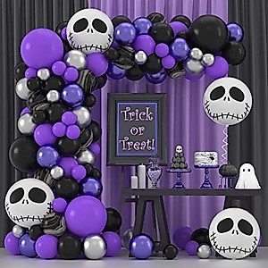 Janinus Halloween Balloons Arch Garland Kit 130PCS Black Purple Sliver Balloons 18 12 5Inch Halloween Balloons Kit With Marble Balloons And Scary Skull Foil Balloons for Halloween Party Decorations