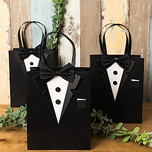 Crisky Classic Black Tuxedo Gift Bags for Groomsman Father's Birthday Anniversary Wedding Favor Bags 10"x8"x4" set of 6
