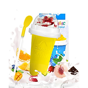 Slushy Maker Cup, DIY Magic Slushy Maker Squeeze Cup, Portable Smoothie Squeeze Cup for Juices, Milk and Ice Cream Make, Double Layers Silica Cup with Lid & Straw for Kids, Friends, Family (Yellow)1