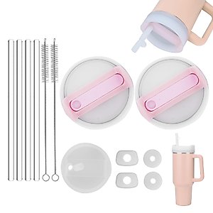 2 Pcs Replacement Lids For Stanley Cup 40 Oz Tumbler, Silicone Spill Stopper 4Pcs Set For H2.0 Stanley, Silicone Cup Lid Dust Cover With Straw Lid Cap 1 Pcs, 4 Pcs Long Reusable Stanley Straw (pink)