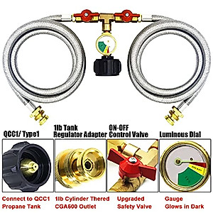 Upgraded 5FT Propane 2 Way Splitter Adapter Hose Stainless Braided Propane Y Splitter Hose 1 lb to 20 lb Converter with Shut Off Valve with Gauge Propane Hose Adapter 1lb Appliance to QCC1 5-40lb Tank