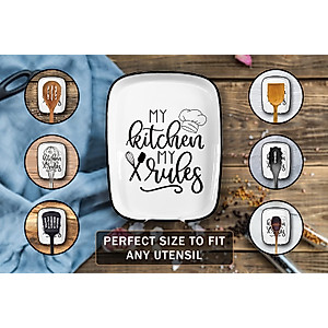 Hvukeke Ceramic Spoon Rest for Kitchen Stove Top Counter, Funny My Kitchen My Rules White Spoon Holders for Chef, Dad, Mom, Friend Cute Kitchen Decor Gift