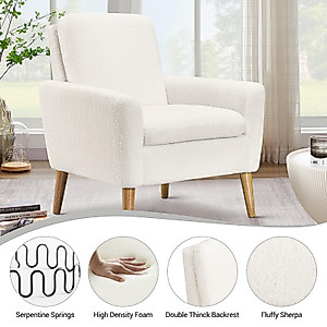 Lohoms Sherpa Accent Chair White Teddy Fabric Upholstered Comfortable Arm Chair Comfy Reading Chairs for Bedroom, Living Room Chair Small Sofa Chair with Wood Legs