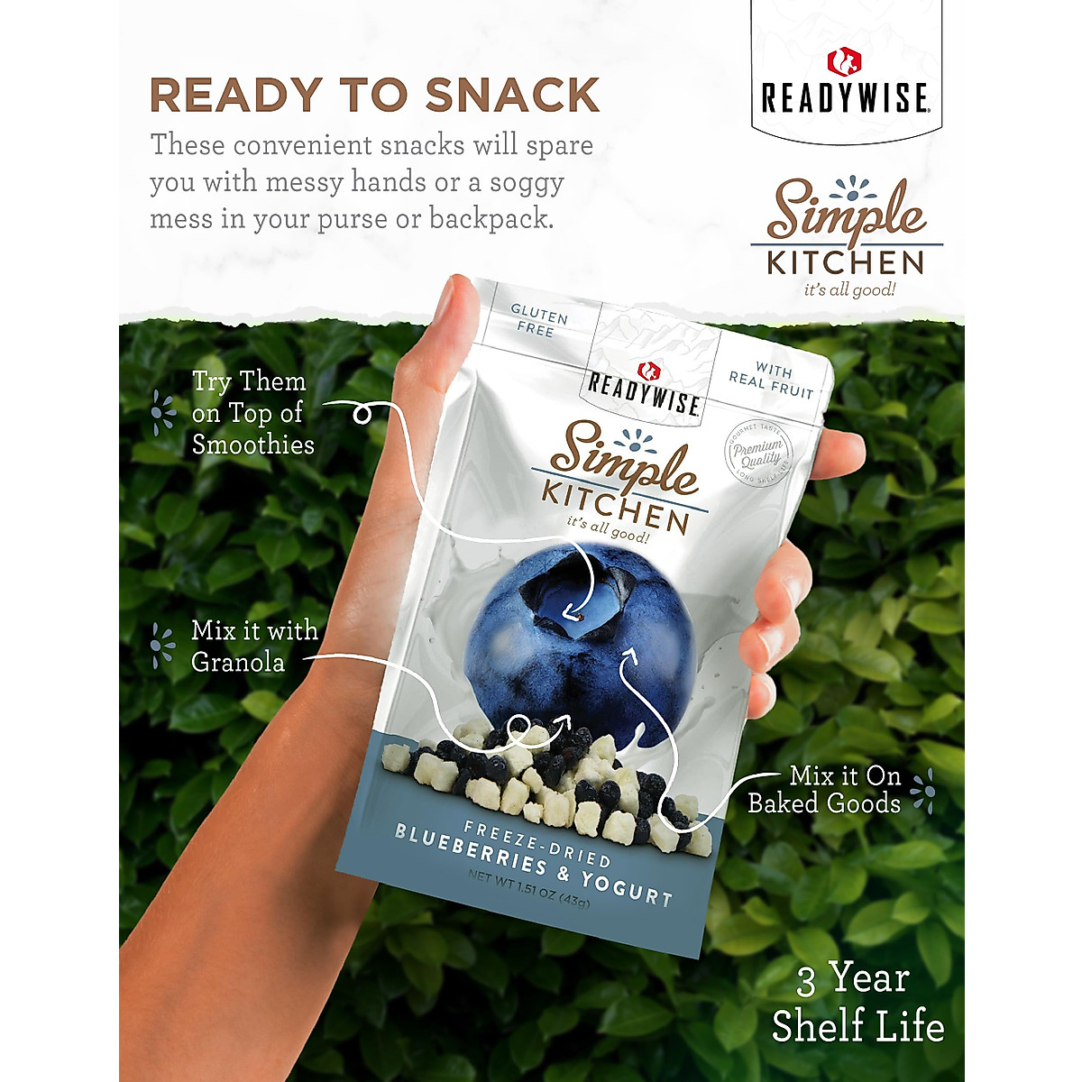 READYWISE - Simple Kitchen, Freeze-Dried Blueberries & Yogurt, Pack of 1 Vegetarian, Gluten Free, Snacks, Blueberries, Yogurt, Dried Fruit, Pre Workout, Healthy Snacks, Camping, Survival Food