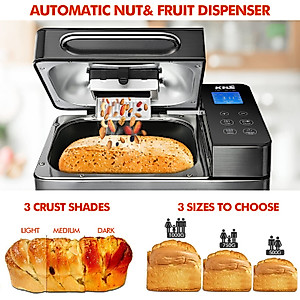 KBS 17-in-1 Bread Maker,710W Dual Heaters Bread Machine,2LB Stainless Steel Bread Maker Machine with Nut Dispenser&Ceramic Pan,15H Timer&1H Keep Warm,Gluten-Free,Touch Panel,3 Loaf Sizes3 Crust Colors