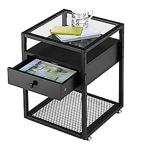 VECELO Bedside End Table, Modern Nightstand with Drawer, Night Stand for Living Room Bedroom, Tempered Glass, Black