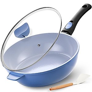 IKTU Ceramic Nonstick Deep Frying Pan, 11Inch Nonstick 4Qt Saute Pan with Helper Handle and Lid, Large Skillet Pan Induction Cookware with Detachable Handle, PFAS PFOA & PTFE Free