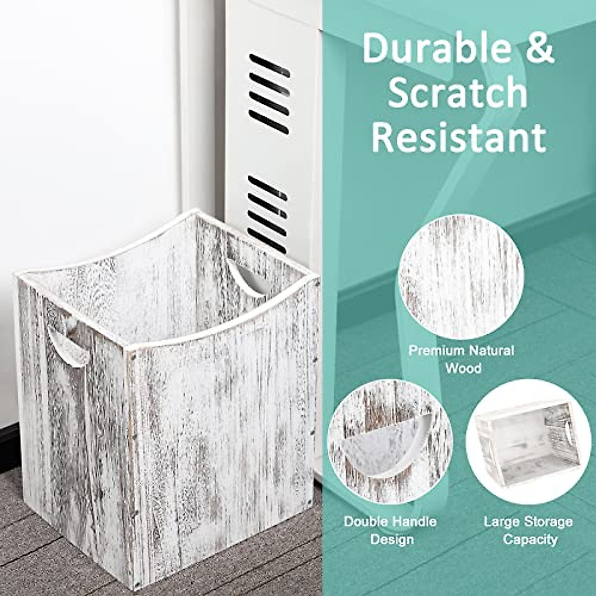 Wood Trash Can 5.3 Gallon Kitchen Garbage Can Rectangular Wastebasket with Built-in Handles Rustic Farmhouse Trash Can for Kitchen Bedroom Office Bathroom Under Desk Large Storage Rustic White