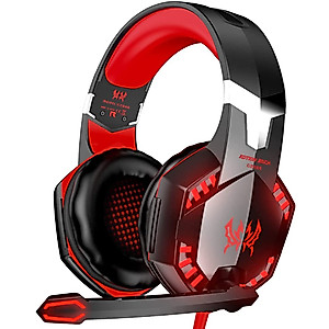 VersionTECH. G2000 Gaming Headset, Bass Surround Gaming Headphones with Noise Cancelling Mic, LED Lights, Soft Memory Earmuffs for PS5/ PS4/ Xbox One Controller/Laptop/PC/Mac/Nintendo NES Games-Red