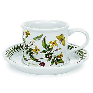 Portmeirion Botanic Garden Drum Shaped Teacup and Saucer | Set of 6 with Assorted Floral Motifs | 7 Oz Teacups and Saucers | Made in England from Fine Earthenware | Dishwasher Safe