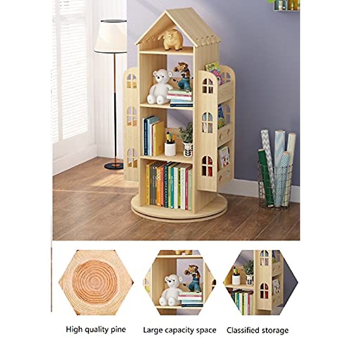 Heehee Rotating Bookshelf 360 Display Floor Standing Bookcase Storage Rack for Kids Children's Bookshelf, Book Display Stand, Wood Book Shelf Organizer for Kids, Storage Book Display Case Bookrack