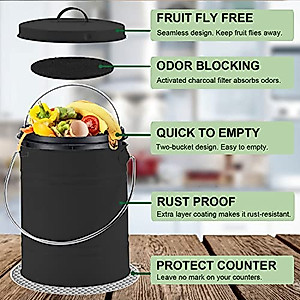 Compost Bin, LALASTAR Countertop Compost Bin with Lid, Kitchen Compost Container, Odorless Compost Bucket for Kitchen Food Waste with Carrying Handle, 1 Gallon, Black