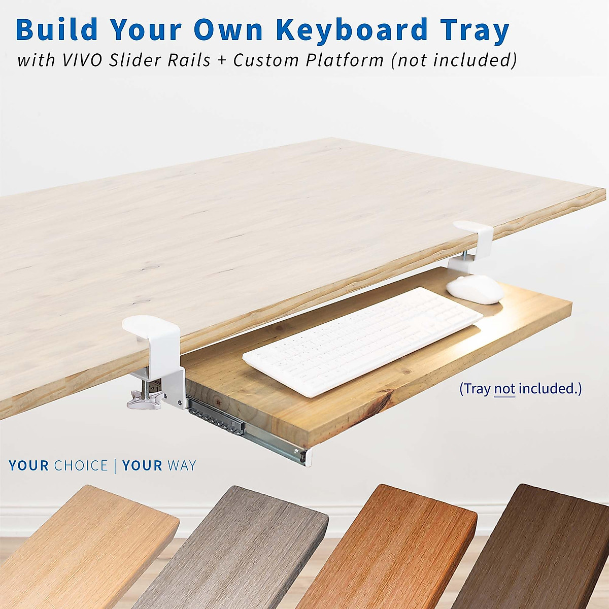 VIVO Clamp and 12 inch Rail Set for DIY Custom Wooden Keyboard Trays (Tray Not Included), Under Desk Pull Out Slider Track with Extra Sturdy C-clamp Mount System, White, MOUNT-RAIL02W