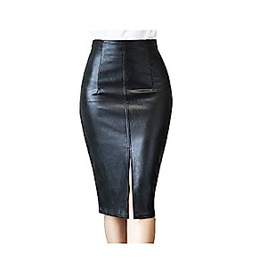 RAMISU Faux Leather Pencil Skirt High Waist Split Lady's Half Body Midi Hip Skirt 8017 M Black