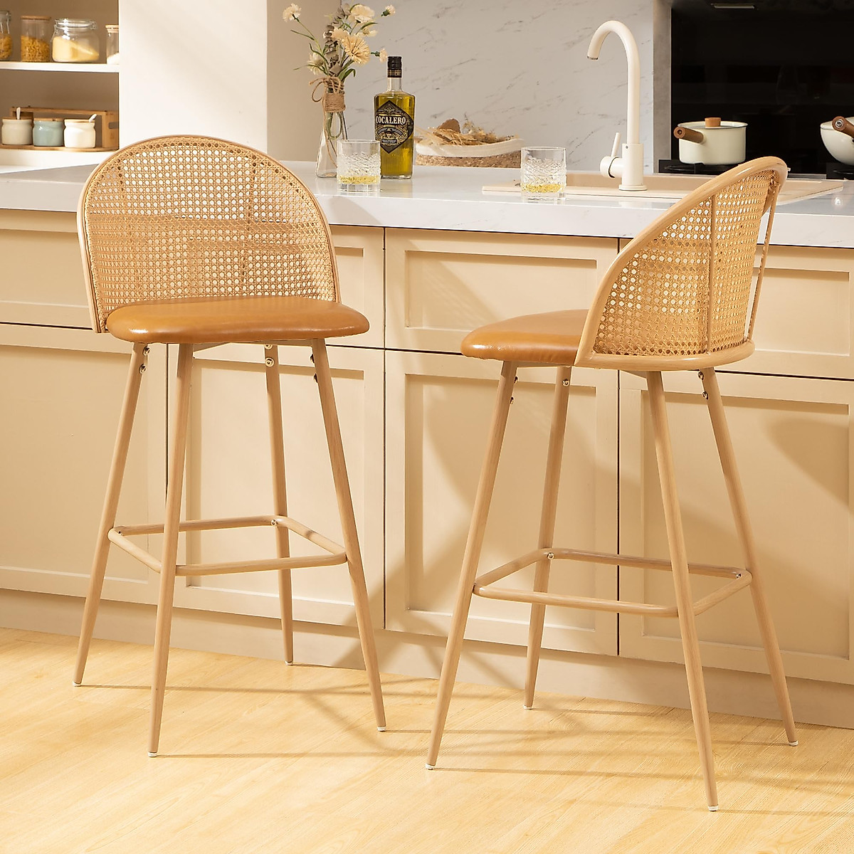 SICOTAS Rattan Bar Stools Set of 2 - Boho Counter Height Barstools - 29" Armless Bar Stools for Kitchen Island - Farmhouse Bar Stools with Back and Leather Cushion - Vintage Design Tall Kitchen Chairs