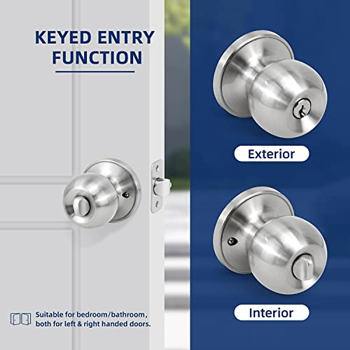LOQRON Ball Door Knob Entry Function Door Knob, Keyed Entry Door Knob with Lock, Round Ball Handle for Front Door Right and Left Side, Satin Nickel,1Pack