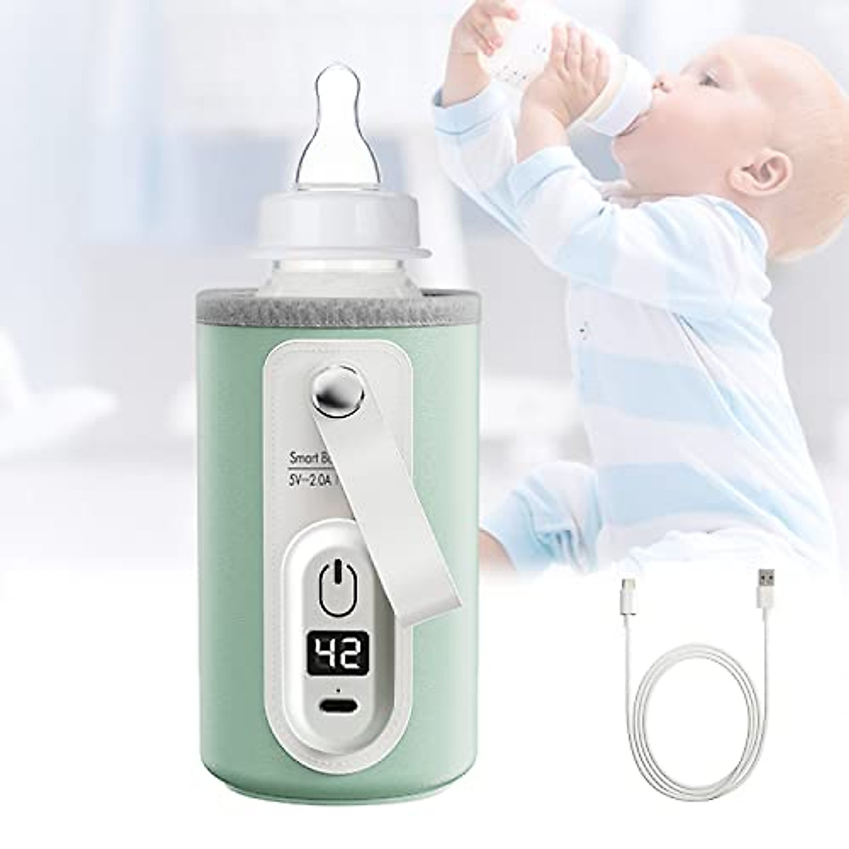 SOPEWOD Portable Bottle Warmer, USB Bottle Warmer for Breastmilk and Formula with LCD Display, Fast and Accurate Heating of Baby Bottle Warmer for Car and Travel(Green)