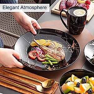 Plates and Bowls Sets for 4, Black Dinnerware Sets 16 Piece Gold Splash Glaze Round Dish Set, LOVECASA Porcelain Plate Set with Mugs Dishwasher Microwave Safe
