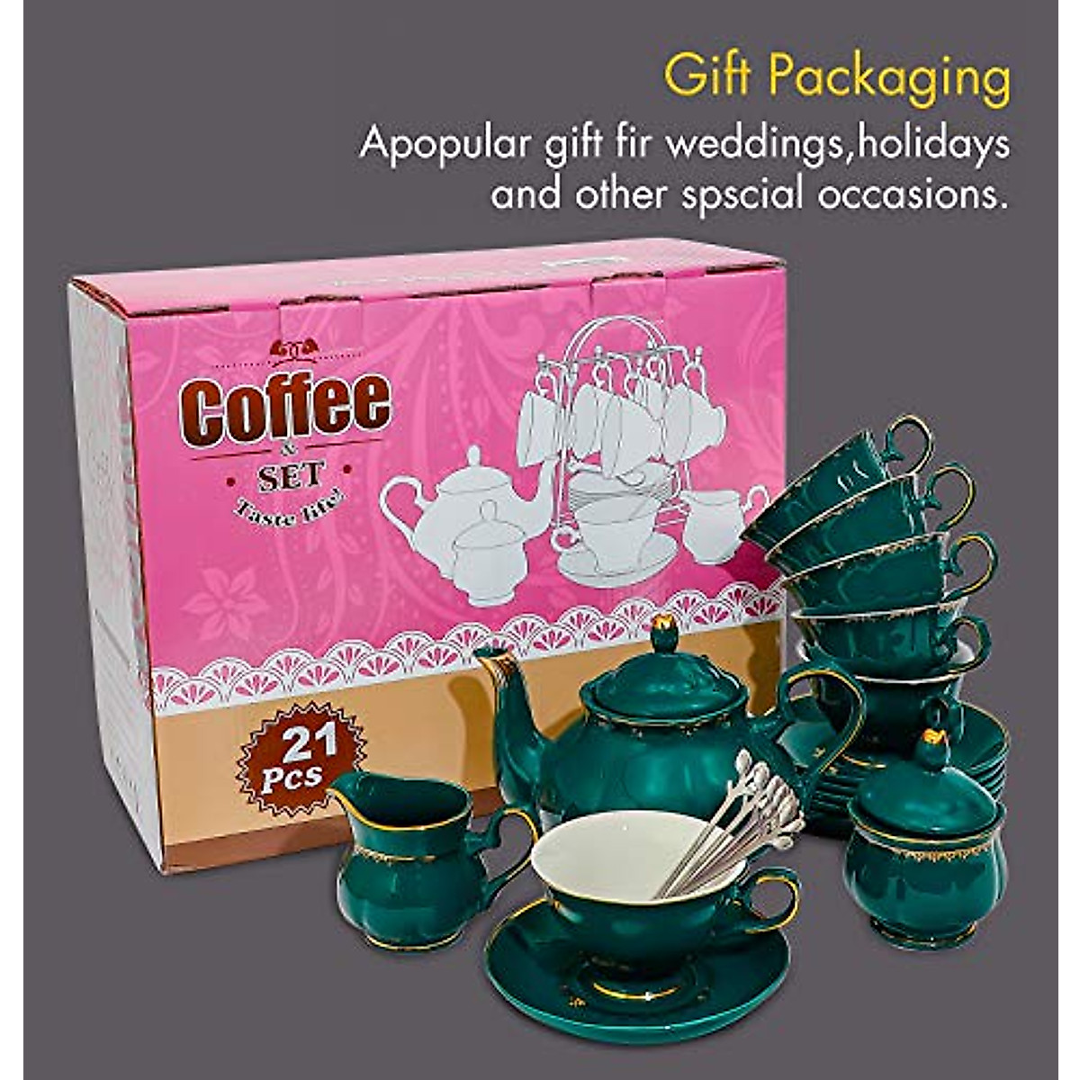 CHENP.HMC Tea Set 22-Piece Porcelain Ceramic Coffee Tea Gift Sets Cups Saucer Service for 6 Teapot Sugar Bowl Creamer Pitcher and Teaspoons Porcelain Tea Set for Mother's Day(WITHOUT Mug Hooks)