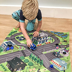 Kidplokio 8pc City Transport Playmat Set Friction Power Police Cars Boys 3 and Up