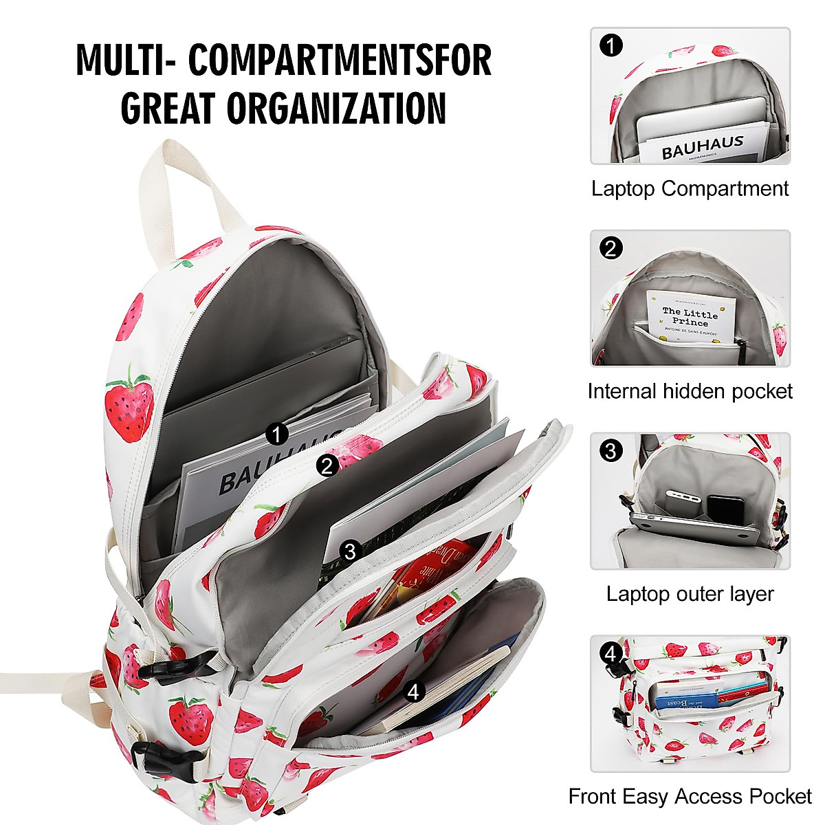 Dimanito Laptop Backpack with USB charging port for laptop up to 15 inch Men Women College Outdoor Travel Backpack (Strawberry)