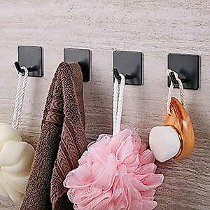 TKMENGY Self Adhesive Hooks, Stick on Hooks Holder for Tea Towel Robe Coat Kitchen Bathrooms,Stainless Steel Sticky Wall Hooks,Waterproof and Rustproof, 4 Pack (Black)