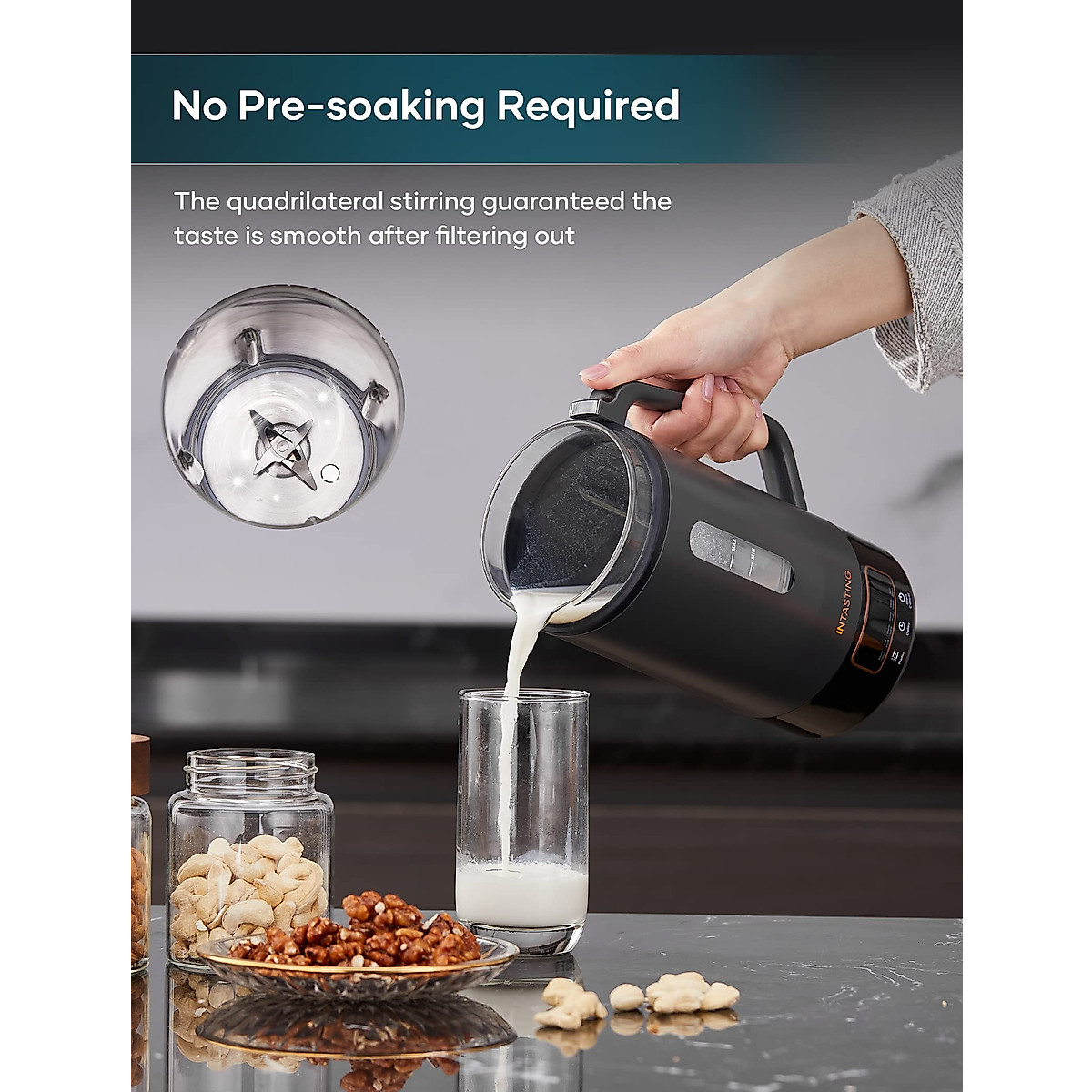 INTASTING Automatic Nut Milk Maker, Glass Inner, Homemade Almond, Oats, Etc Grain, Soy Milk Machine with 6 Preset, Keep Warm, Delay, Boil Water, Blende, Self-Clean, Boil-Dry Protection, Easy Clean