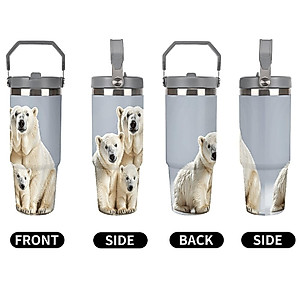 30oz Stainless Steel Insulated Tumbler with Flip Lid & Straw, Leakproof Travel Mug for Car, Polar Bear And Cub Double Wall Vacuum Thermal Coffee Cup with Handle, Spill-Proof Design for Hot/Cold Drinks
