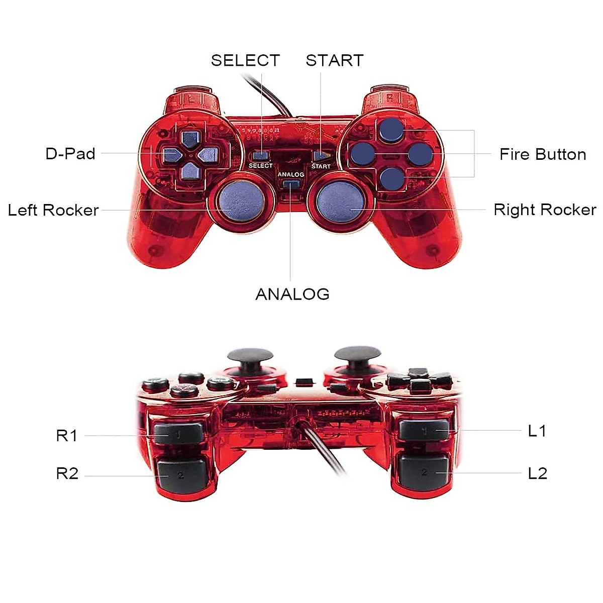 JINHOABF 2 Pack PS2 Wired Controller,Double Shock Gamepad Compatible with Playstation 2 Console (Clear Red and Clear Blue)