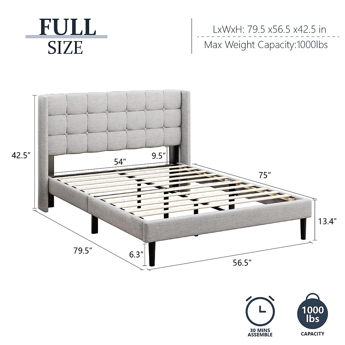 Sismplly Full Size Bed Frame with Headboard, Modern Upholstered Platform Bed Frames, Button Tufted Wingback Mattress Foundation, No Box Spring Needed, Easy Assembly, Light Grey