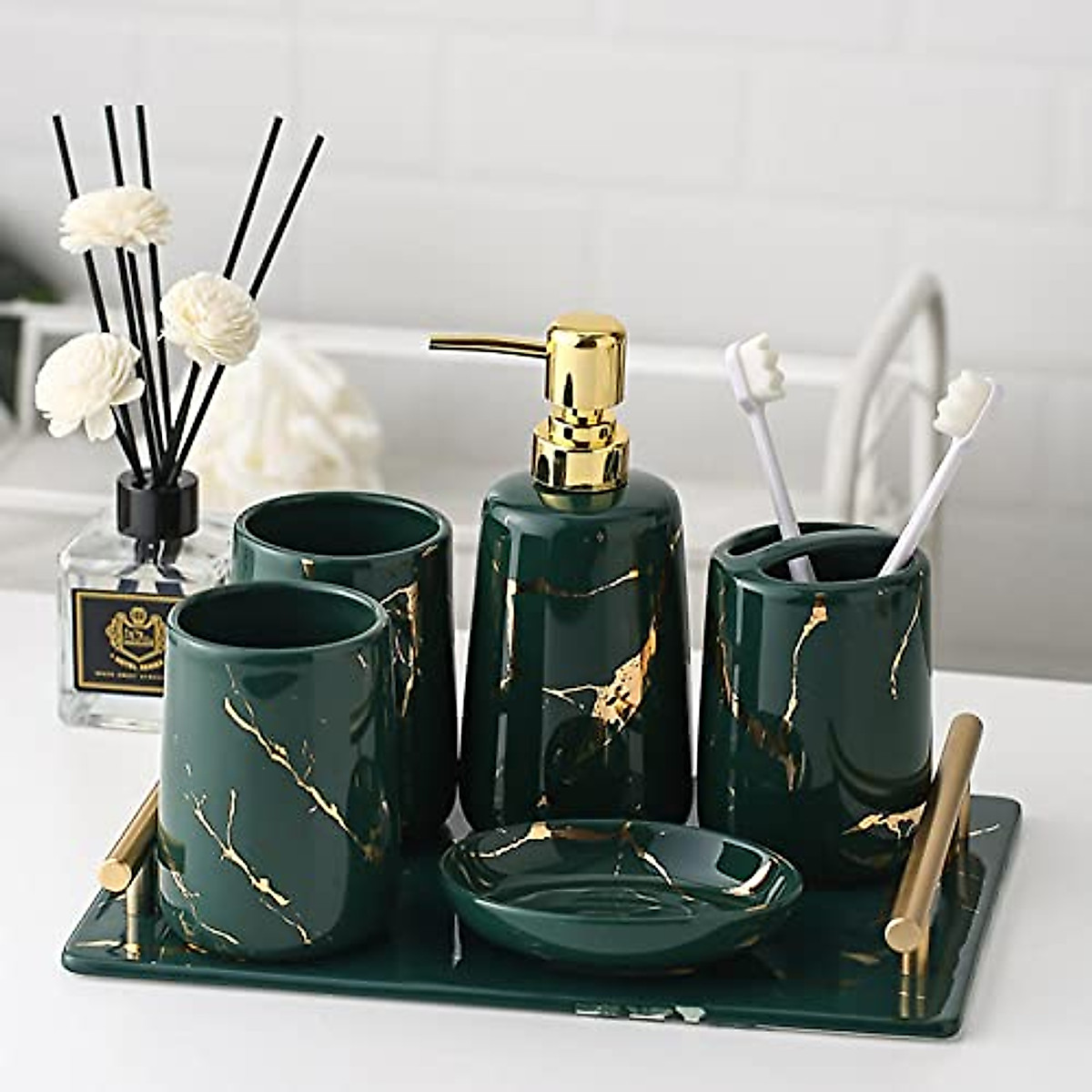 WMGoods Bathroom Accessories Set Ceramic Bathroom Five-Piece Set Bathroom Products mouthwash Cup Toothbrush Cup Set Ceramic Bathroom Accessories Set, Suitable for Couples, Family and Friends