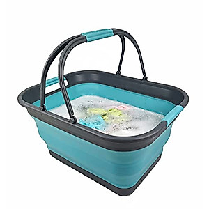SAMMART 29L (7.6 Gallons) Set of 2 Collapsible Tub with Handle - Portable Outdoor Picnic Basket/Crater - Foldable Shopping Bag - Space Saving Storage Container (Alloy Grey + Crystal Blue)