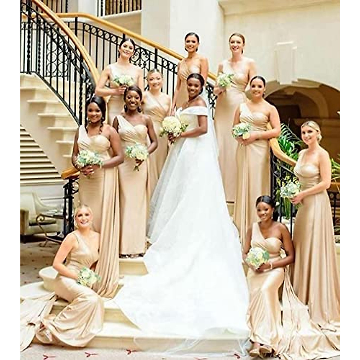 OYI Women's One Shoulder Satin Bridesmaid Dresses Plus Size for Women Long Champagne Formal Evening Gowns Champagne 20W,20 Plus