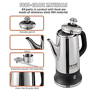 VEVOR Electric Percolator Coffee Pot 12-Cup, 304 Stainless Steel Coffee Percolator, 1000W, Automatic Keep-Warm & Split Power Base
