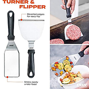 OUII Flat Top Griddle Accessories Set for Blackstone and Camp Chef Griddle - 14 Pieces Set with Griddle Cleaning Kit & Carry Bag! Metal Spatula, Griddle Scraper, Egg Rings for Teppanyaki & Gas Grill