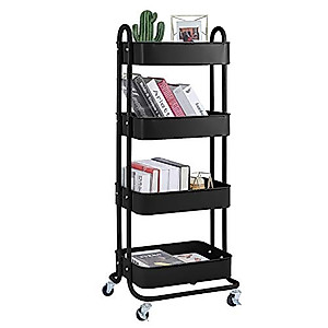 4-Tier Metal Mesh Utility Rolling Cart Storage Organizer Shelf Rack with Lockable Wheels for Living Room Kitchen Office, Black